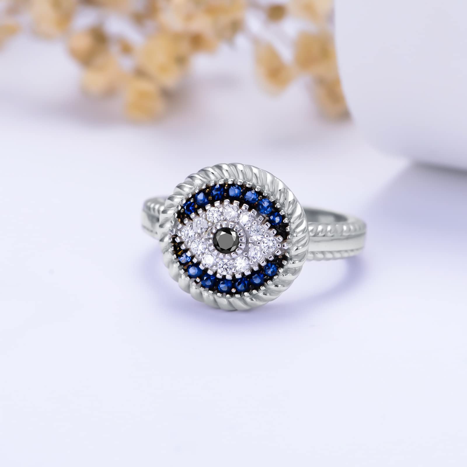 PEIMKO Evil Eye Ring Spiritual Turkish Ring Size 7/8/9 Sterling Silver Blue Evil Eye Rings Round Evil Eye Ring Greek Evil Eye Protection Ring for Women(8)