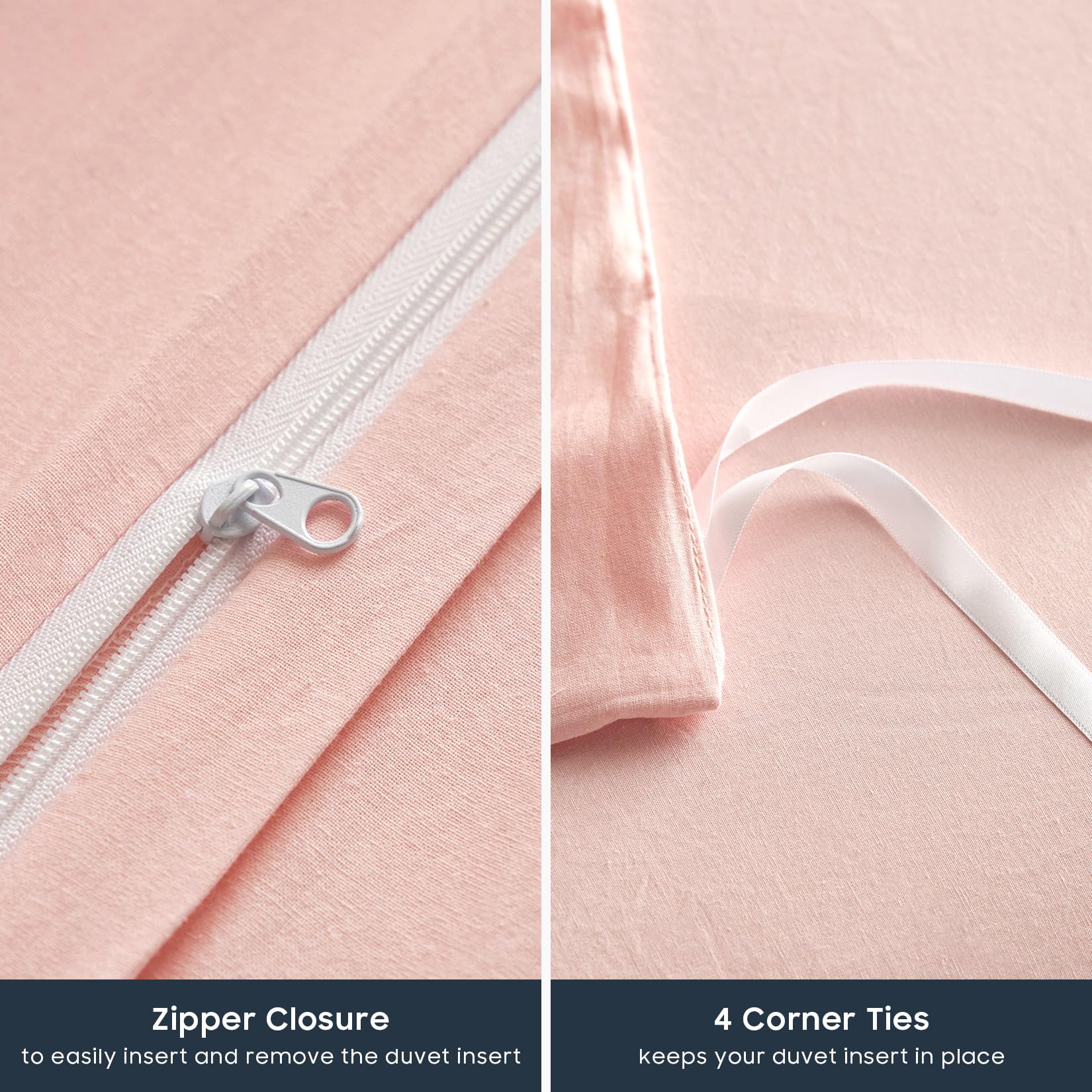 Wake In Cloud - Cotton Duvet Cover Set, Full Size, Light Blush Pink, 100% Washed Cotton, Linen Like Textured, Breathable Percale Durable Comfy Farmhouse Neutral Bedding Set, 3 Pieces
