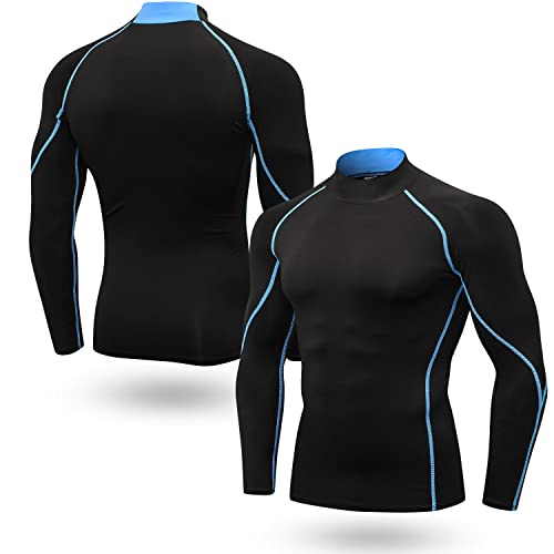 Odoland 3 Pack Mens Long Sleeve Compression Shirts, Mock Turtleneck Shirts, Active Workout Cool Dry Athletic Base Layer Top, Black+Grey/Black+Blue/Black+Red, L