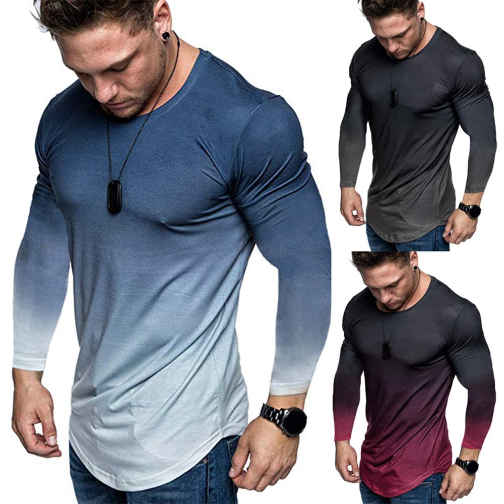 Pejihota Mens Muscle Gym Athleisure Fitted T-Shirt Crew Neck Long Sleeve Gradient Tee Top Blue
