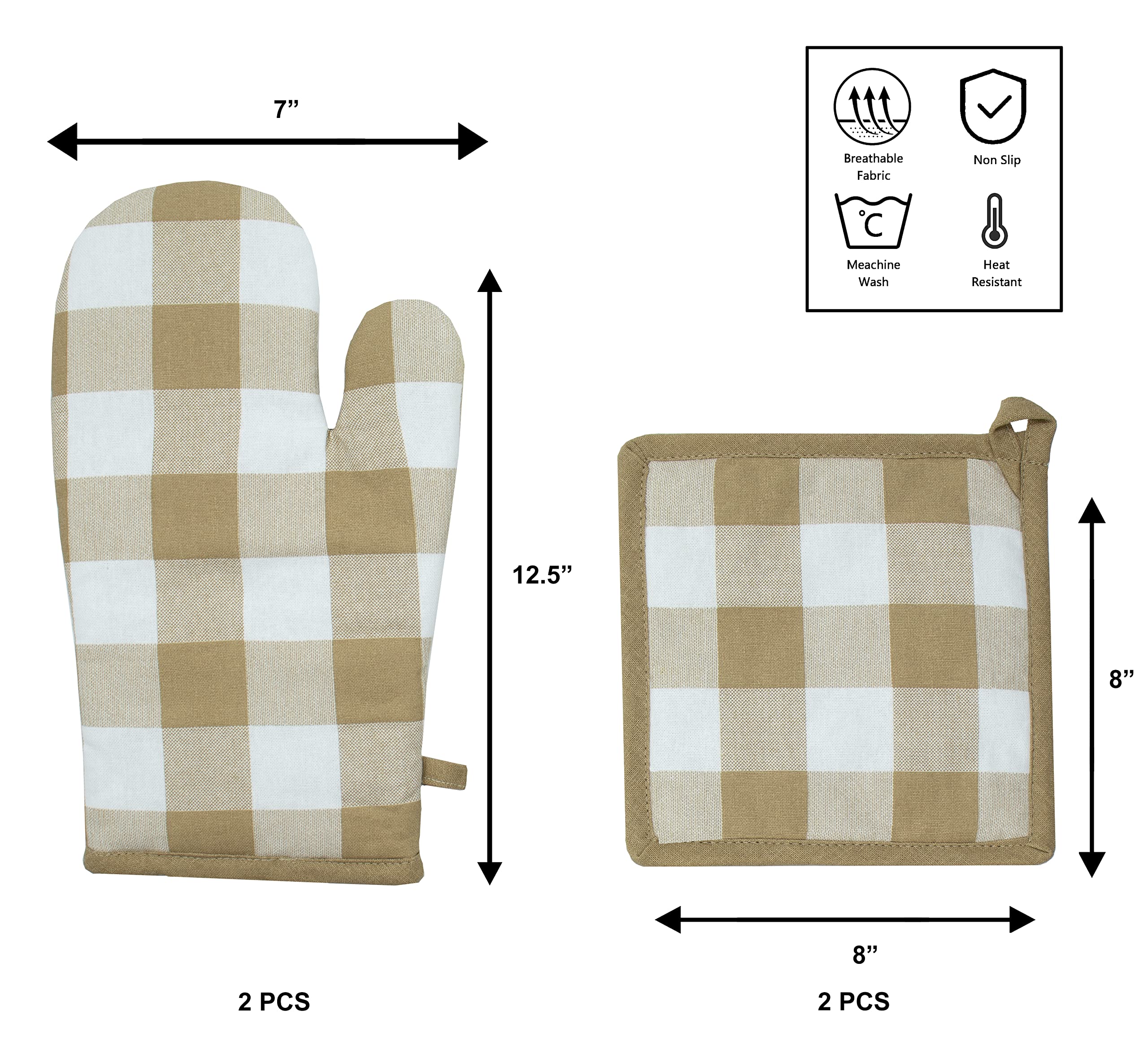 PurpleEssences Buffalo Check Kitchen Collection Pot Holders and Oven Mitts Sets with Hanging Loop - Heat Resistant Non-Slip Washable – Ideal Hot Pads for Cooking Baking BBQ - 4-Piece Set Beige/White