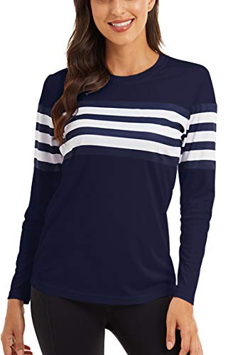 NEYOUQE Womens Cute Ultra Soft Long Sleeve Crew Neck cazy Tshirts Under Shirts Alternative Apparel Blouse Striped Casual Tops Navy Blue XXL