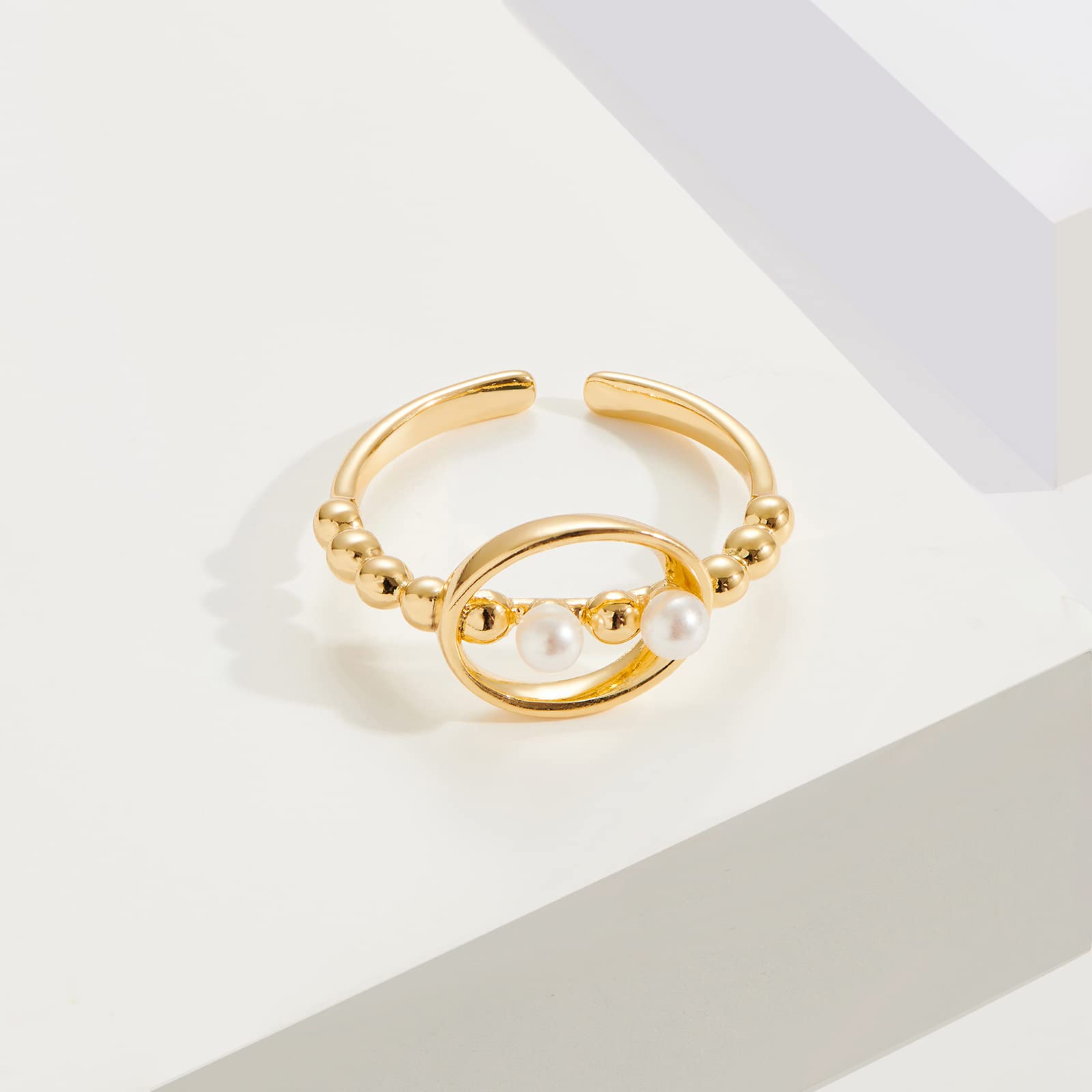 NOKMIT 14K Gold Plated Open Rings for Women Pearl Bead Stackable Ring Adjustable Statement Band Mothers Day Gifts