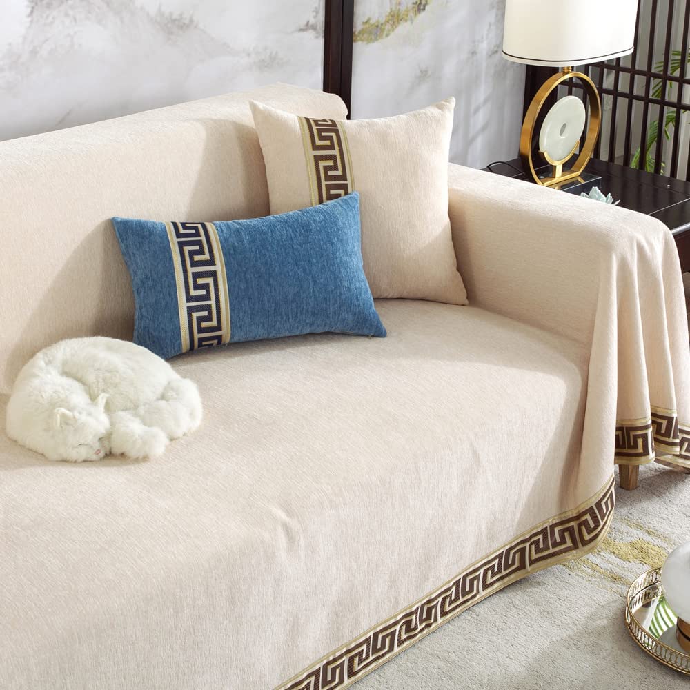 ROOMLIFE Solid Color Beige Chenille Couch Cover Soft Cozy Sofa Covers Sofa Slipcovers for Dogs Cat Pets Multifounction Furniture Protector Blanket Sofa Slipcovers,71"X118"