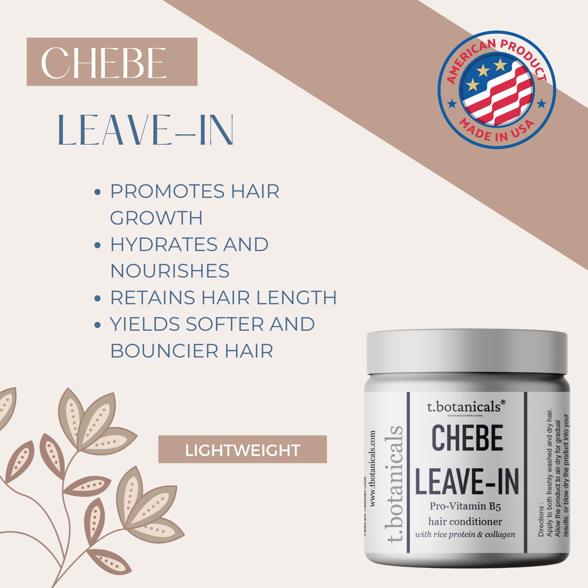 t.botanicals Chebe Leave In Conditioner Hair Growth with Provitamin B5, Thickening Strengthening Chebe Butter, Chebe Powder, Chebe Oil, Silk Amino Acids, Collagen (Unscented, 8 oz)