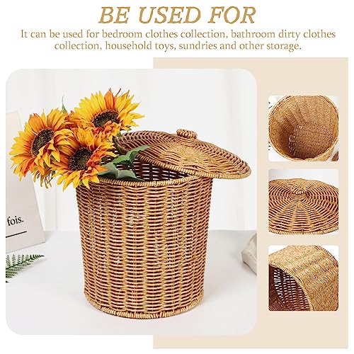 Woven Basket Trash Can Storage: Wastebasket Garbage Bin with Lid Rubbish Paper Storage Container for Home Bathroom Kitchens Laundry Utility Rooms
