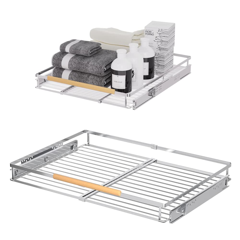 MIYUPTC Expandable Sliding Basket, Pull-Out Cabinet Organizer, Heavy Duty Slide Out Pantry Shelves Sliding Drawer Storage for Kitchen, Under Sink, Wardrobe, 2 Pack Chrome 16.6''-27.8''W x 22''D
