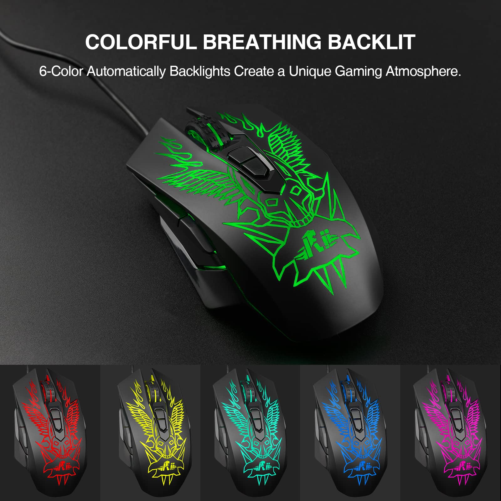 Rii Wired Gaming Mouse,Ergonomic Optical Mice with RGB Backlit,6 Programmable Buttons,1200 to 12800 High-Precision Adjustable DPI,Ergonomic PC Gaming Mouse for Windows PC Laptop Gamers(Black)
