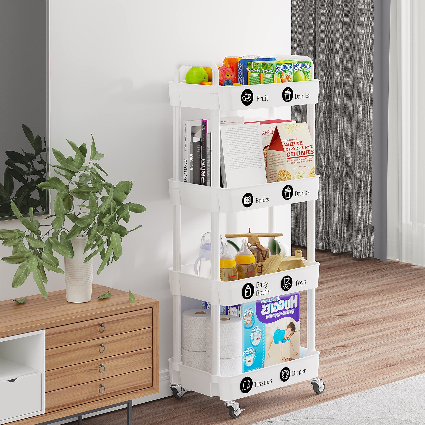 Laiensia 4-Tier Storage Cart,Multifunction Utility Rolling Cart Kitchen Storage Organizer,Mobile Shelving Unit Cart with Lockable Iron Wheels for Bathroom,Laundry,Room,with Classified Stickers,White
