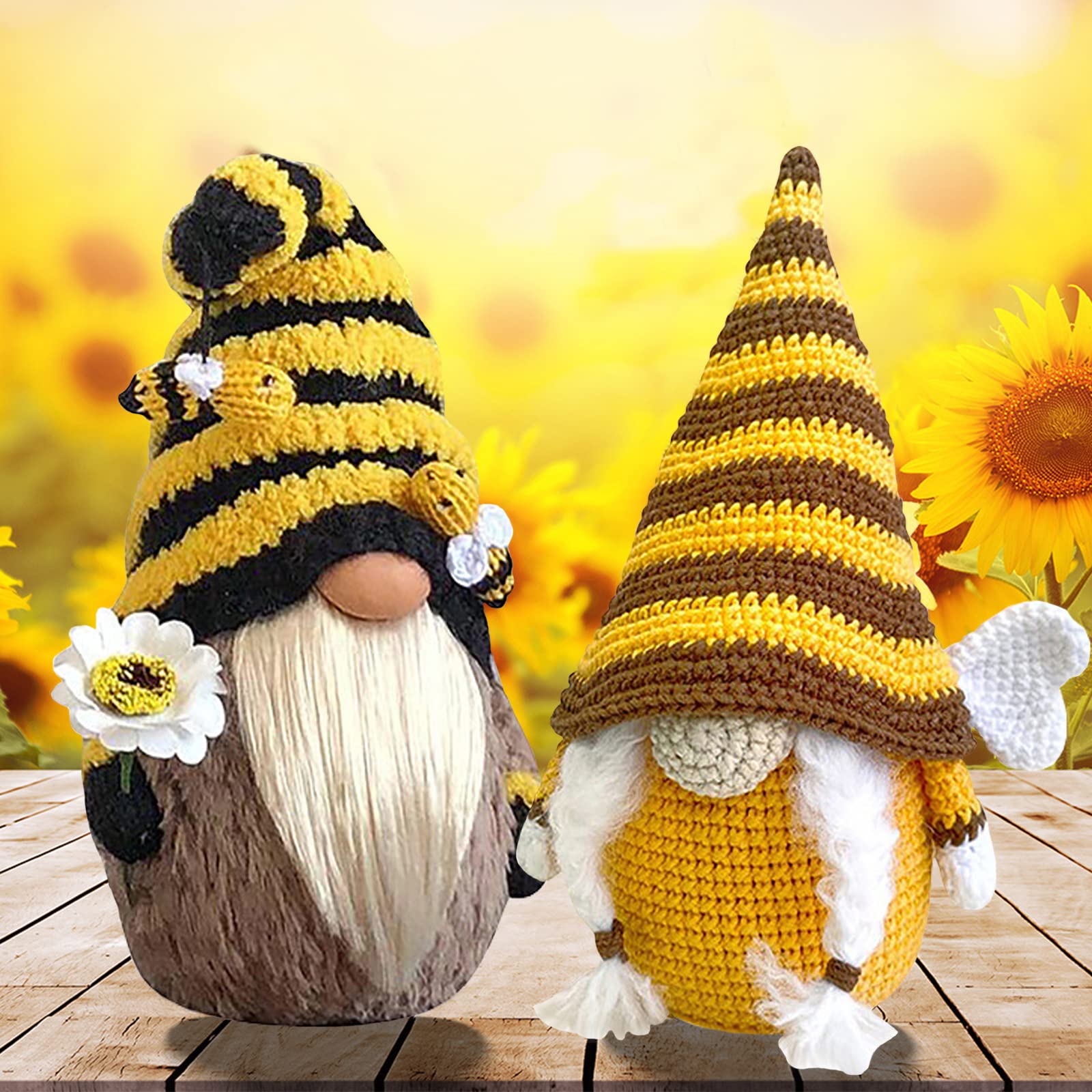 Sadaunbe 2 Pack Spring Summer Gnomes Plush Handmade Swedish Tomte Decorations Honey Bumble Bee Dwarf Figurine Elf Stuffed Doll Gift for Home Office Farmhouse Decor