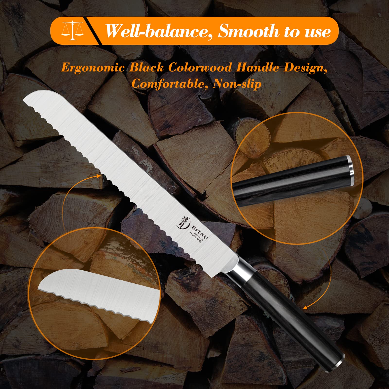 RITSU Bread Knife 10 Inch Serrated Knife, Professional Serrated Bread Knife, German High Carbon Steel Bread Slicer with Ergonomic Handle for Homemade Bread Slicing