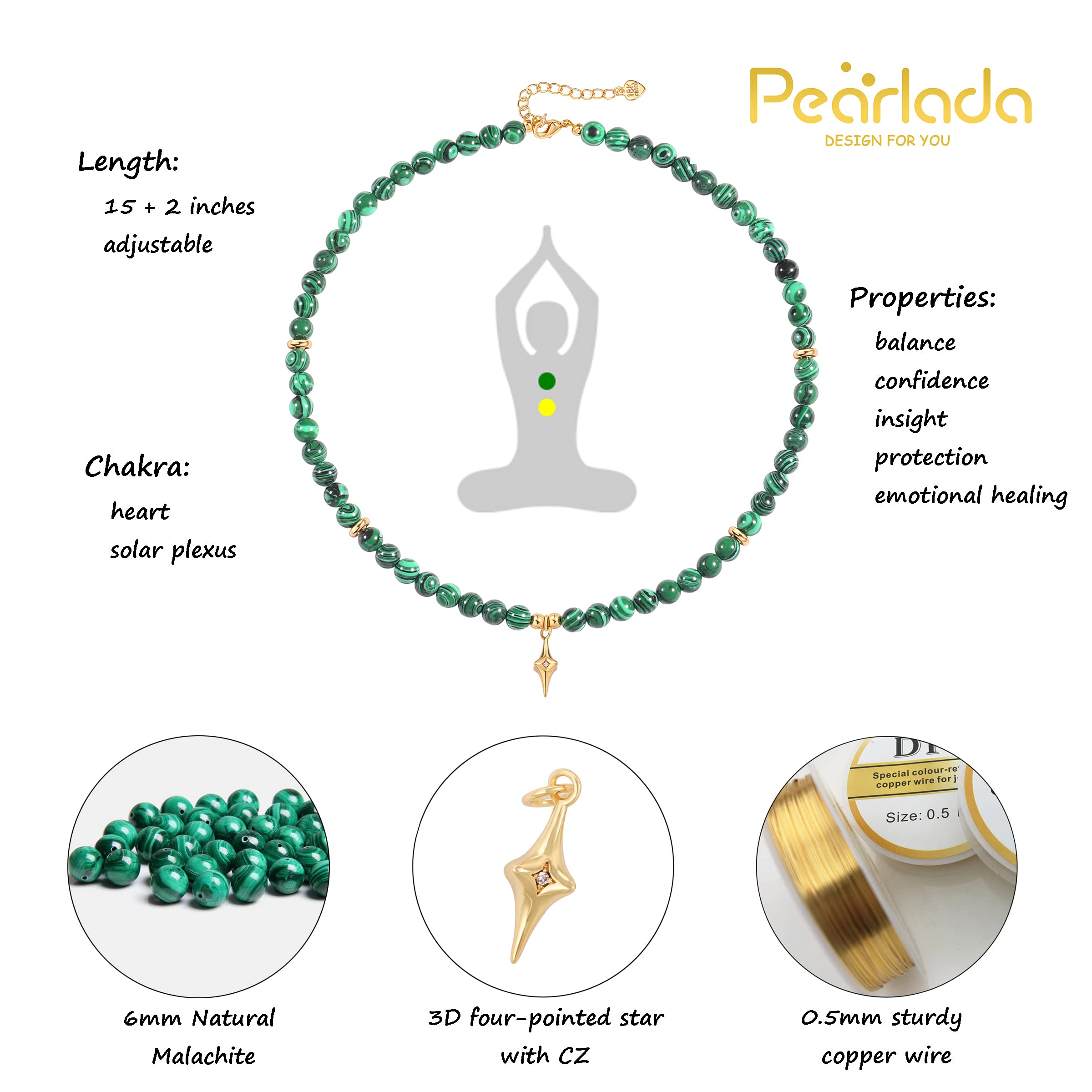 PEARLADA Boho Malachite Beaded Choker, Chakra Gemstone Necklace for Women, 18k Gold Star Charm Pendant Necklace