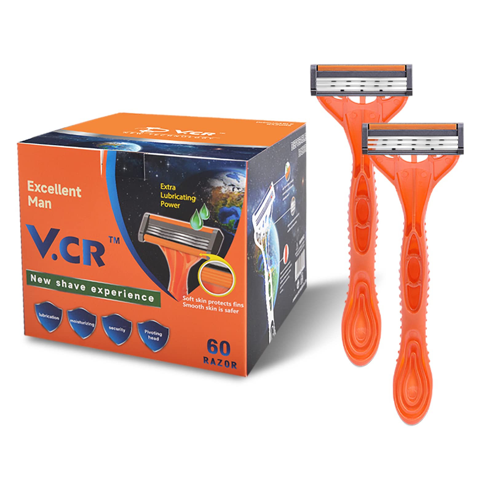 V.CR Brand Disposable Razors, Shaving Razors,Triple Sharp blades with Lubricant Strip, Stainless Steel, Pivoting Head,Orange, 60Count Total