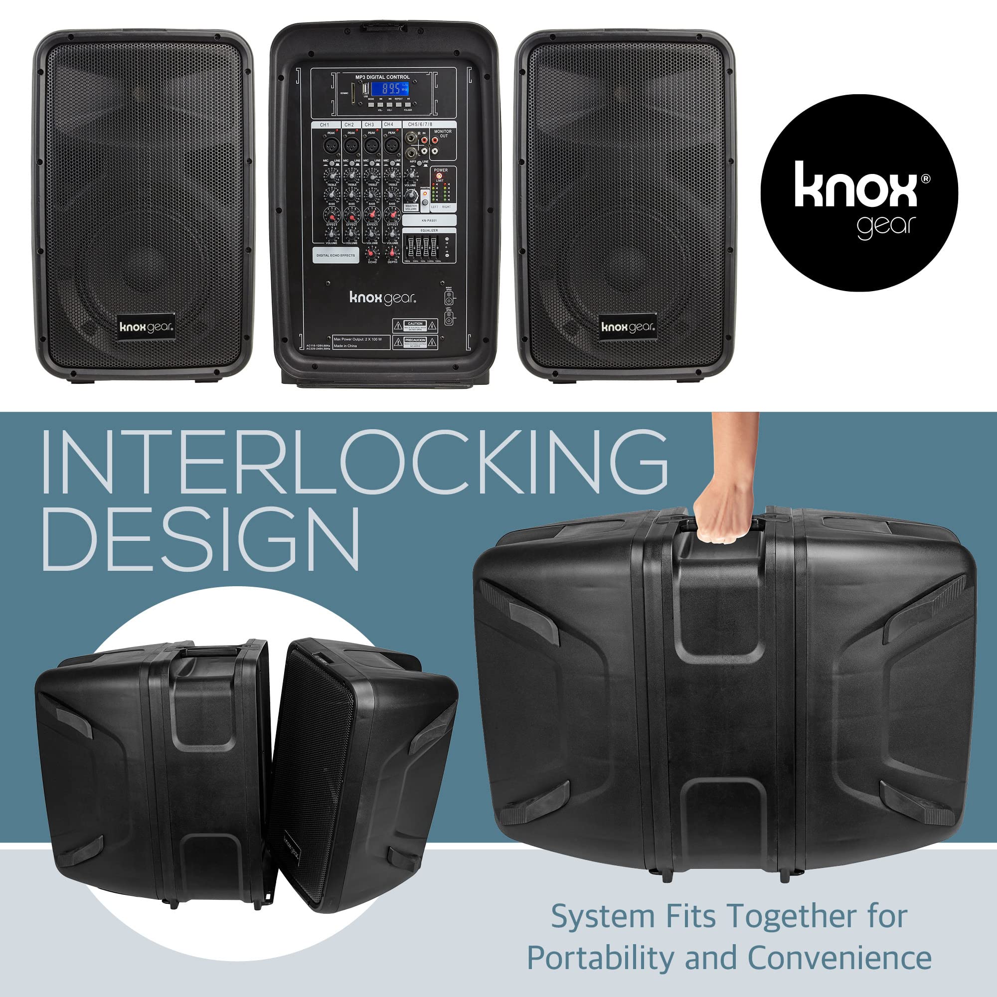 Knox Gear Dual Speaker and Mixer Set–Portable 8” 300 Watt DJ PA System with Wired Microphone & Tripod Stands, Amplifier, Bluetooth, USB, SD, 1/4” Line RCA, XLR Inputs, Ideal for a party or event