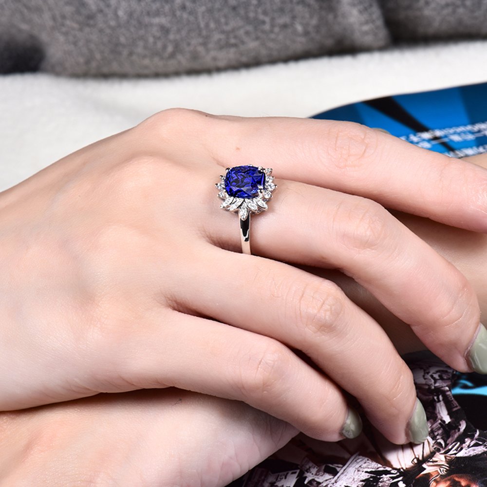 Lanmi 14K White Gold AAA Natural Blue Tanzanite Diamonds Rings Engagement Wedding Band for Women