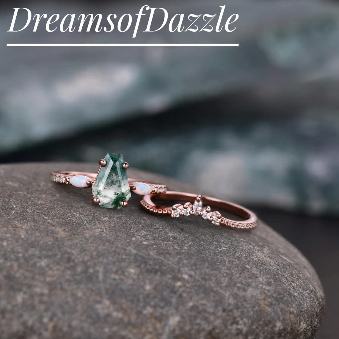 Ring For Women Coffin Shaped Green Moss Agate Ring Set, Wedding Promise Ring Opal Moss Agate Bridal Ring BY DREAMSOFDAZZLE (Rose Gold Overlay)
