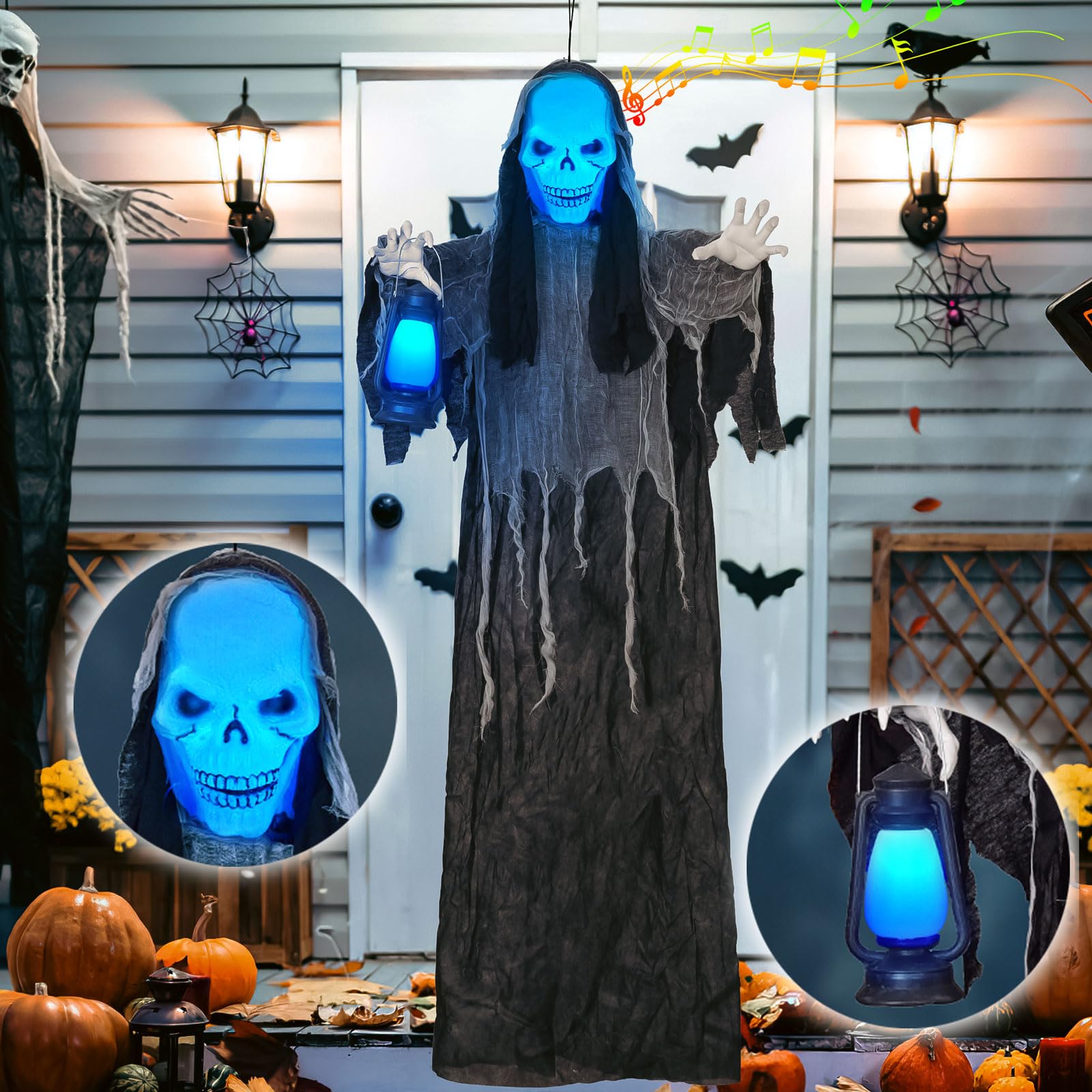 NIFTI NEST Grim Reaper with Light-up Head, Lamp & Creepy Voice, Ghost Skeletons Halloween Decorations Haunted House Props