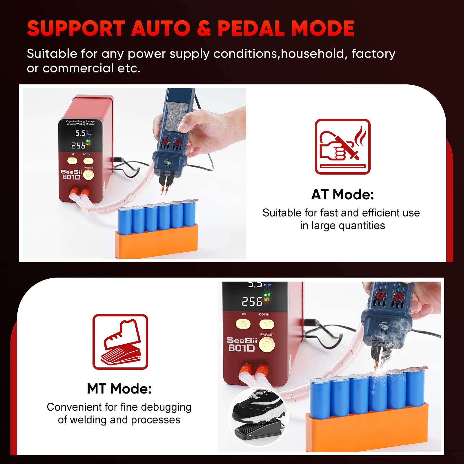 SeeSii 801D Spot Welder, 12KW Capacitor Energy Storage Pulse Battery Spot Welder with 73B Welding Pen, Support 2 Welding Modes Enhanced 0.1-0.3mm Nickel Strip for DIY & Industrial Spot Welding