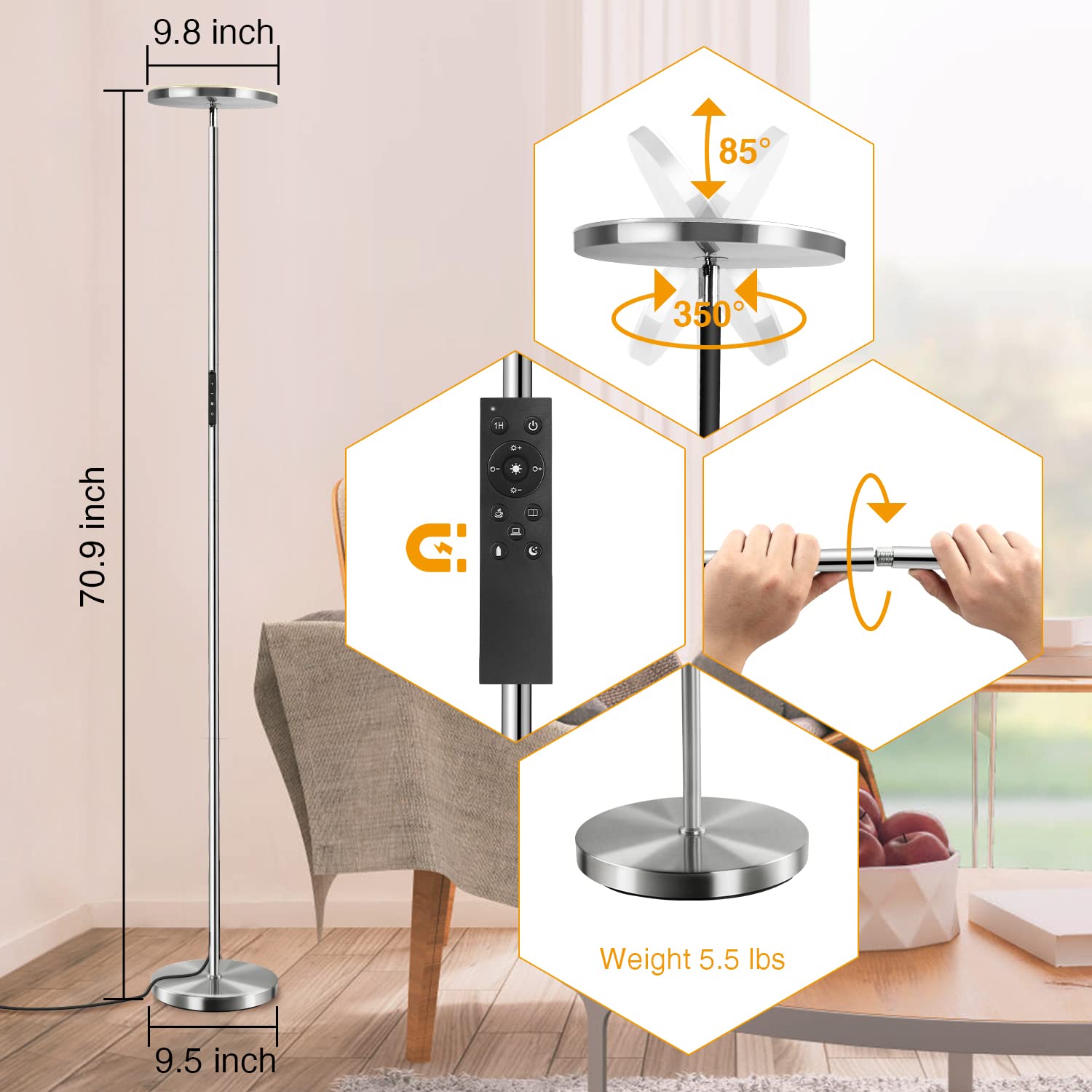 OUTON Floor Lamp, 30W 3000LM LED Modern Torchiere Sky Lamp, Bright Dimmable Standing Lamp with 4 Color Temperatures, Remote Touch Control, 1 Hour Timer for Living Room Bedroom Office, Brushed Steel