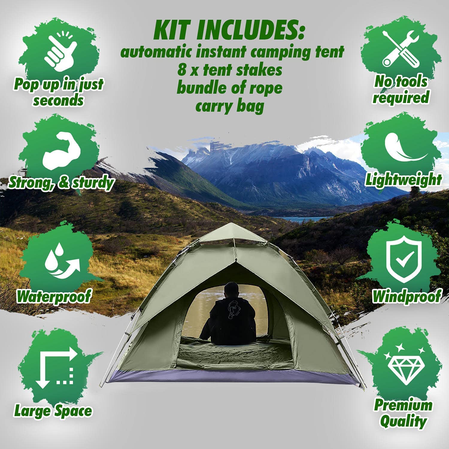 Outrav Easy Automatic Pop-Up Camping Tents for 3-4 People – Lightweight Quick Setup Instant Pop Open Cabin with Two Way Zipper, Lamp Hook, Net Curtain, Stakes, Rope, Carrying Bag