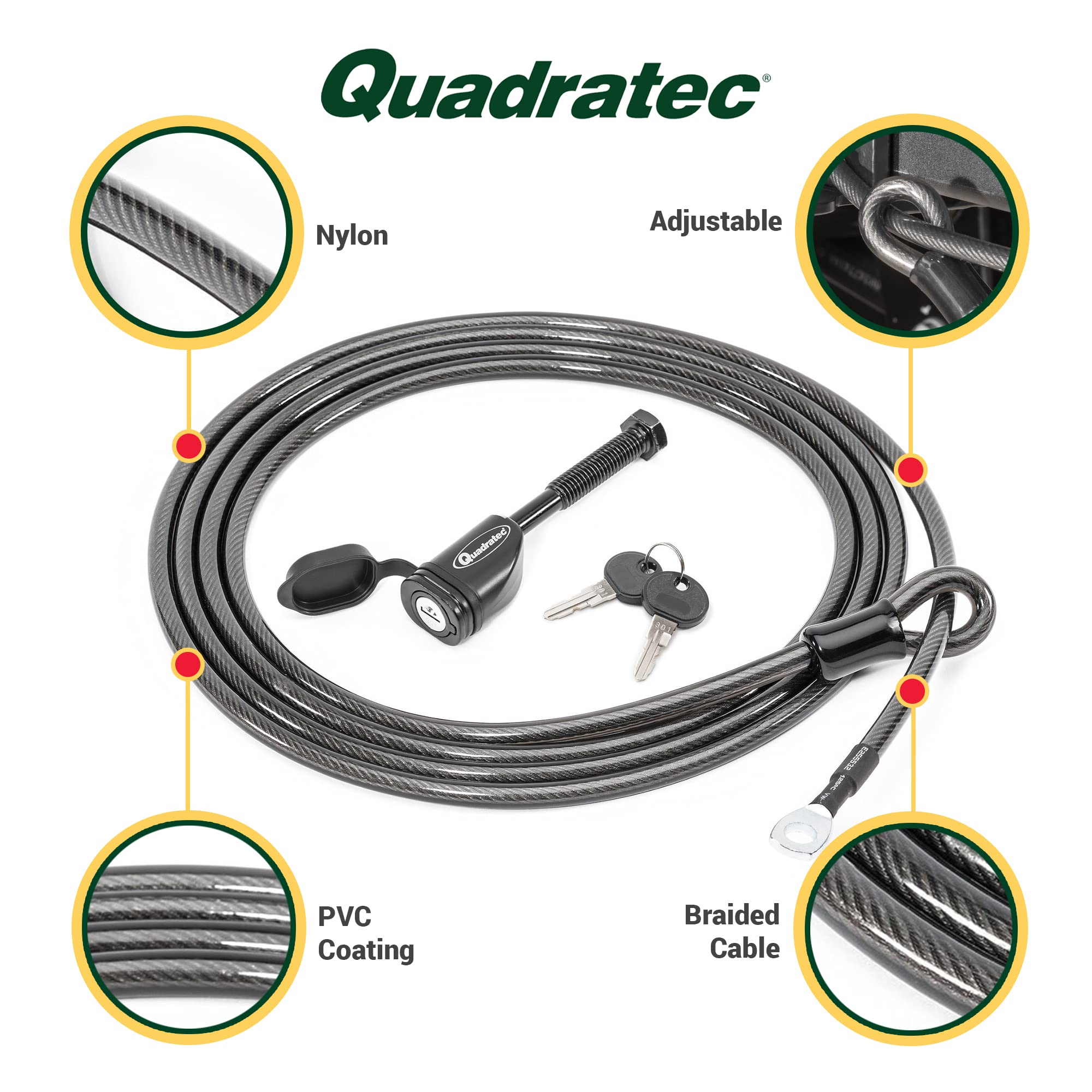 Quadratec 12' Locking Bike Cable with Threaded Hitch Pin Lock - Lock Set for Hitch Mount Bike Racks - Secures Bicycle Rack to Vehicle - Prevents Theft - Includes 2 Keys - Lock Your Bikes to Vehicle
