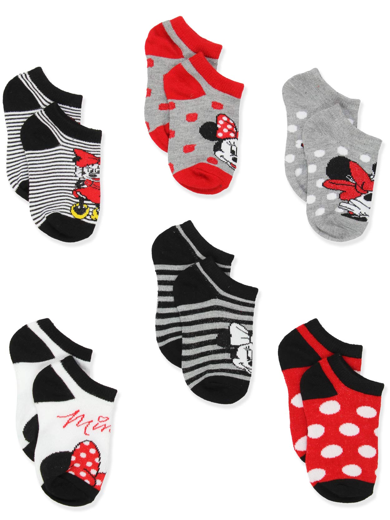 Minnie Mouse Polka Dots and Stripes Girls Toddler 6 pack No Show Socks (Shoe Size: 10-4 (Sock: 6-8), Grey)