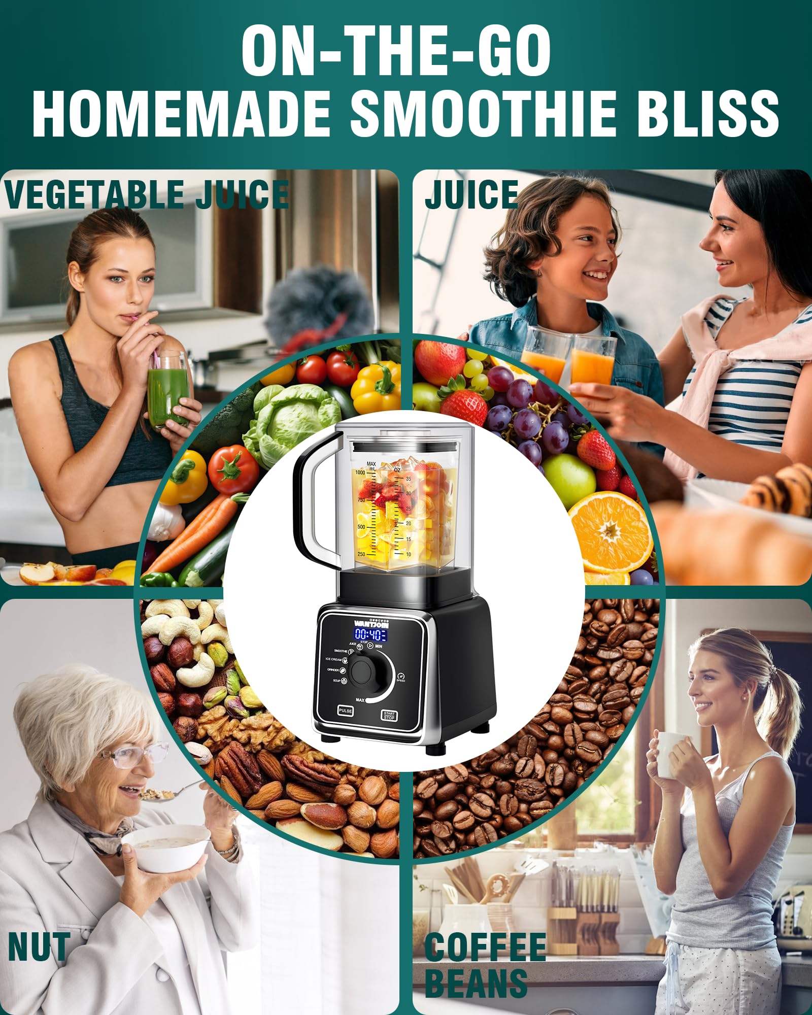 WantJoin Blender for Kitchen with Sound Shield Silent Blender Professional Countertop Quiet Blender Self-Cleaning Multifunctional for Milk Shakes Smoothie Juice Commercial Home 34Oz/1L Capacity