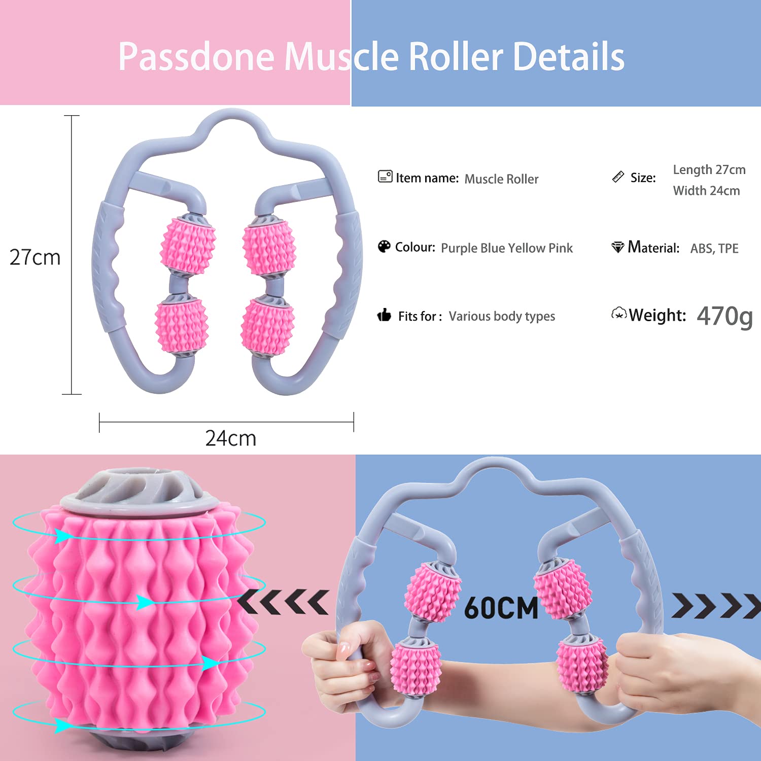 Muscle Roller, Trigger Point Muscle Roller for Calves, Leg, Arms, Tennis Elbow and Golfer Elbow, Foam Roller Deep Massage Tool for Relieve Muscle Soreness, Stiffness and Tight Muscles (Purple)