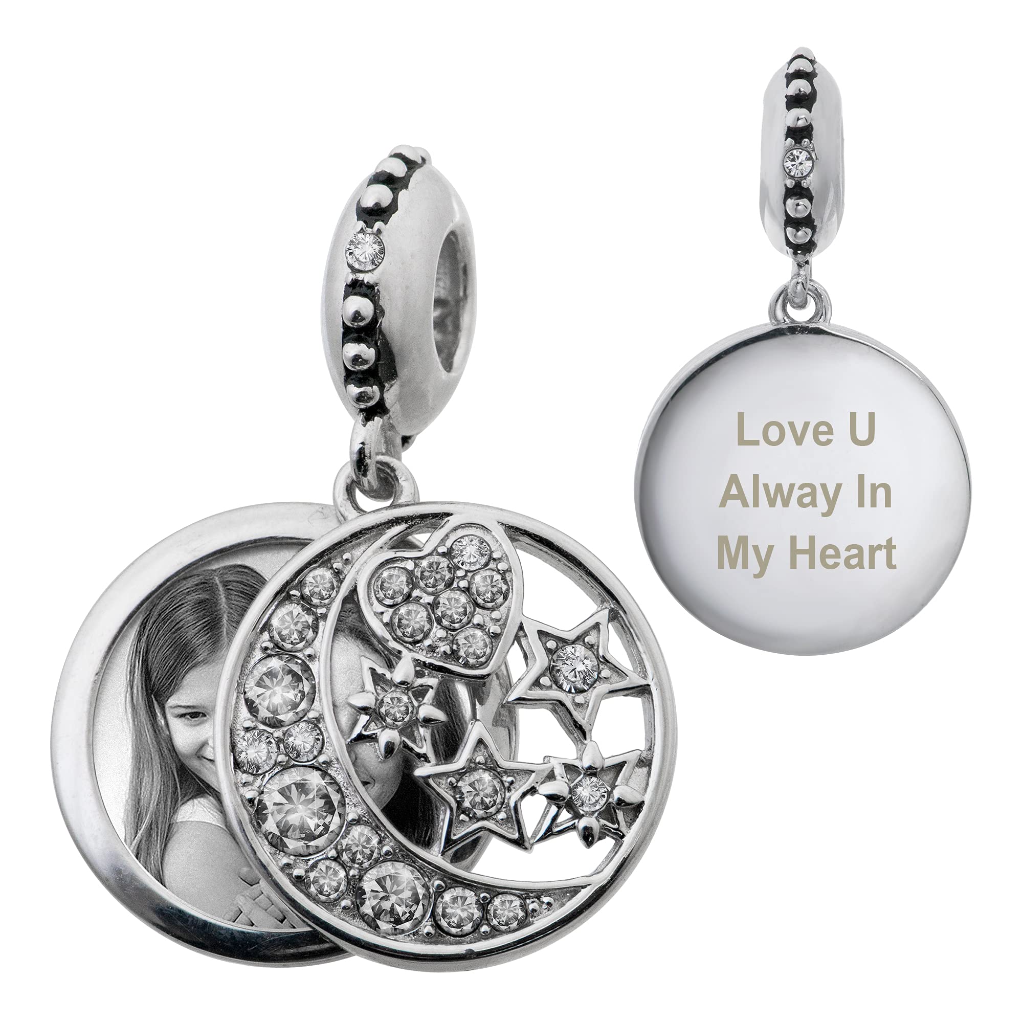 Qina C Sterling Silver Personalized Text & Photo Engraved Message Moon Star Crystal Dangle Bead F/European Charm Bracelet Gift f/Family Friend Wife Daughter