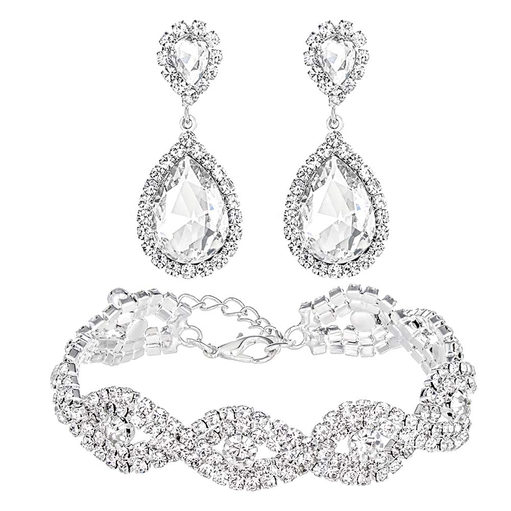Miraculous Garden 2 Pack Silver Plated Crystal Rhinestone Teardrop Drop Dangle Earrings Link Bracelet Jewelry Set for Women