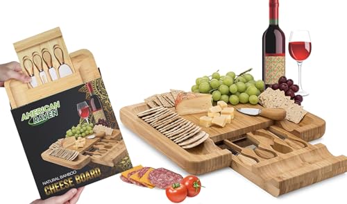 Organic Bamboo Cheese Charcuterie Cutting Board with Cutlery & Knife Set, Includes 4 Stainless Steel Serving Utensils, Wooden Serving Tray for Meat Platter, Fruit & Crackers
