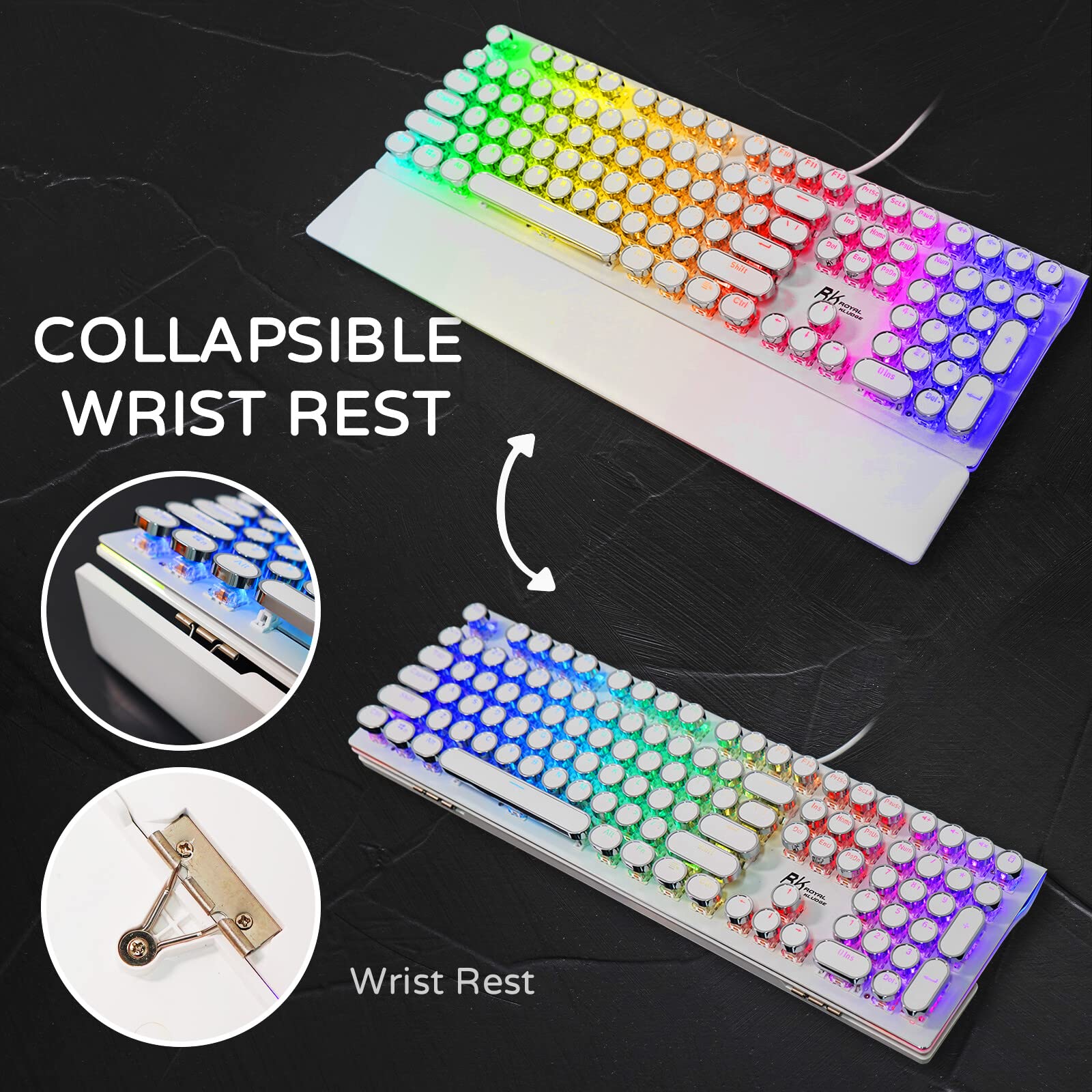 RK ROYAL KLUDGE S108 Typewriter Style Retro Mechanical Gaming Keyboard Wired with True RGB Backlit Collapsible Wrist Rest 108-Key Blue Switch Round Keycap - White