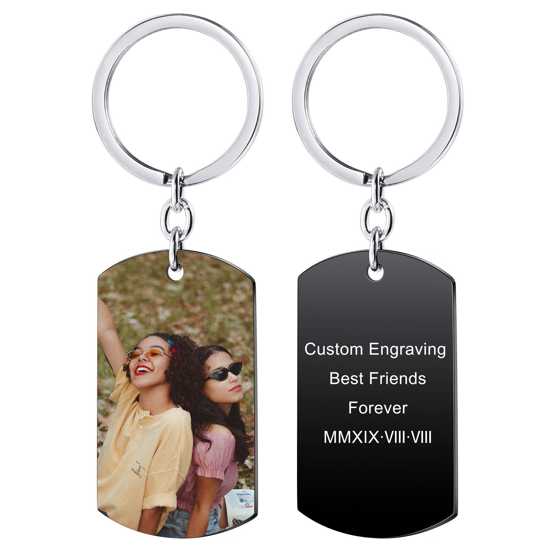 MeMeDIY Personalized Dog Tag Keychain Custom Engraving Names/Date/Text/Color Photo Stainless Steel Keychain for Men Women Couple (Black Color)