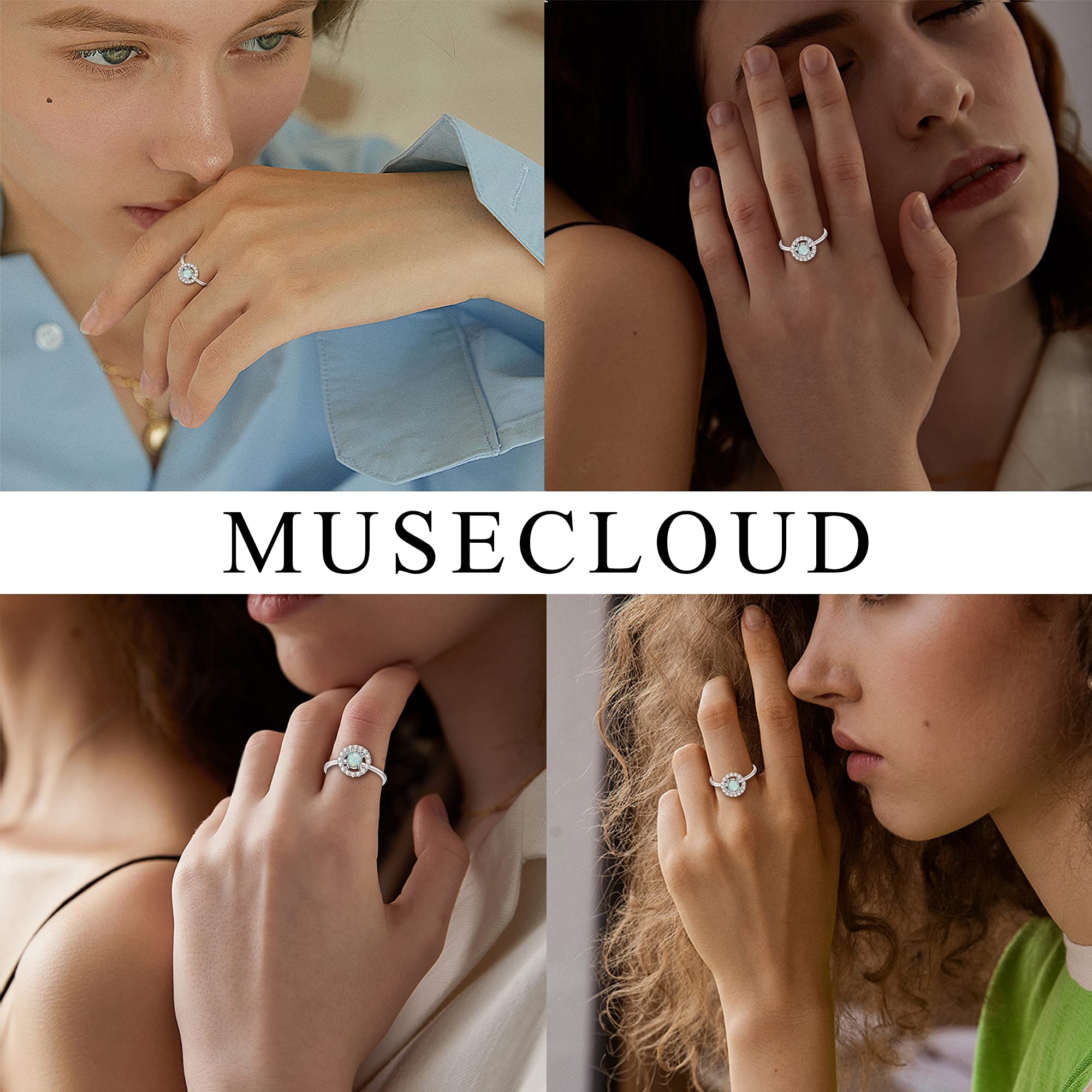 MUSECLOUD Created Opal Rings 925 Sterling Silver Birthstone Rings for Women White Gold Plated Halo Band Rings Birthday Gift Eternity Promise Engagement Rings for Her Size 5-9(7)
