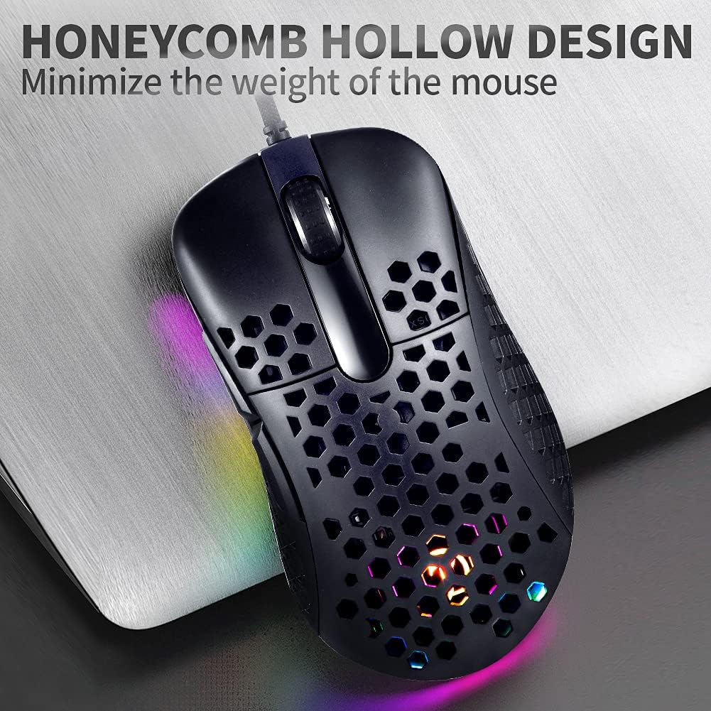 Lightweight Gaming Mouse, Honeycomb Design RGB Backlit Support Custom Buttons Maximum Support 12000DPI (Black)