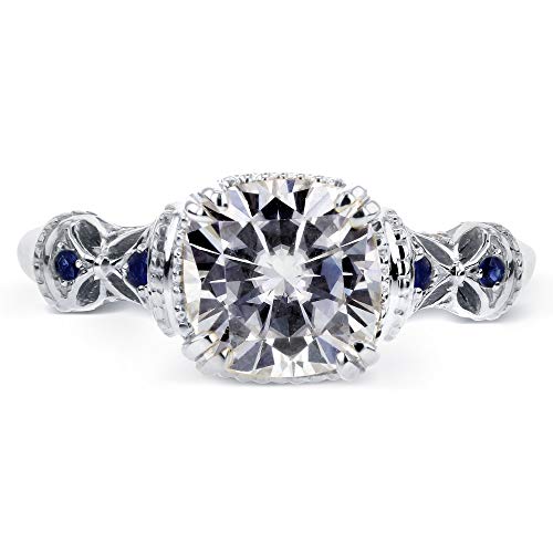 Kobelli Antique Style Cushion-cut Moissanite (GH) Engagement Ring with Blue Sapphire 1-3/4ct TGW 14k White Gold - Size 7