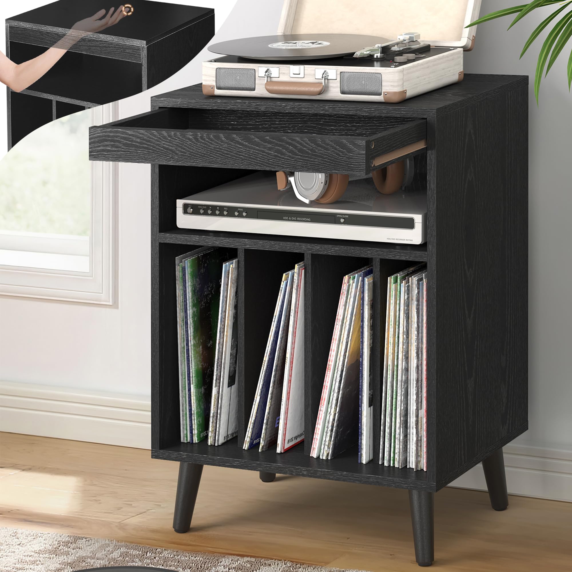 Mazefur Concealment Furniture with Clearance Price, Record Player Stand Table with Wood Leg, Turntable Stand with Vinyl Storage Holds up to 160 Albums with Hidden Compartment, Black Cabinet with Leg