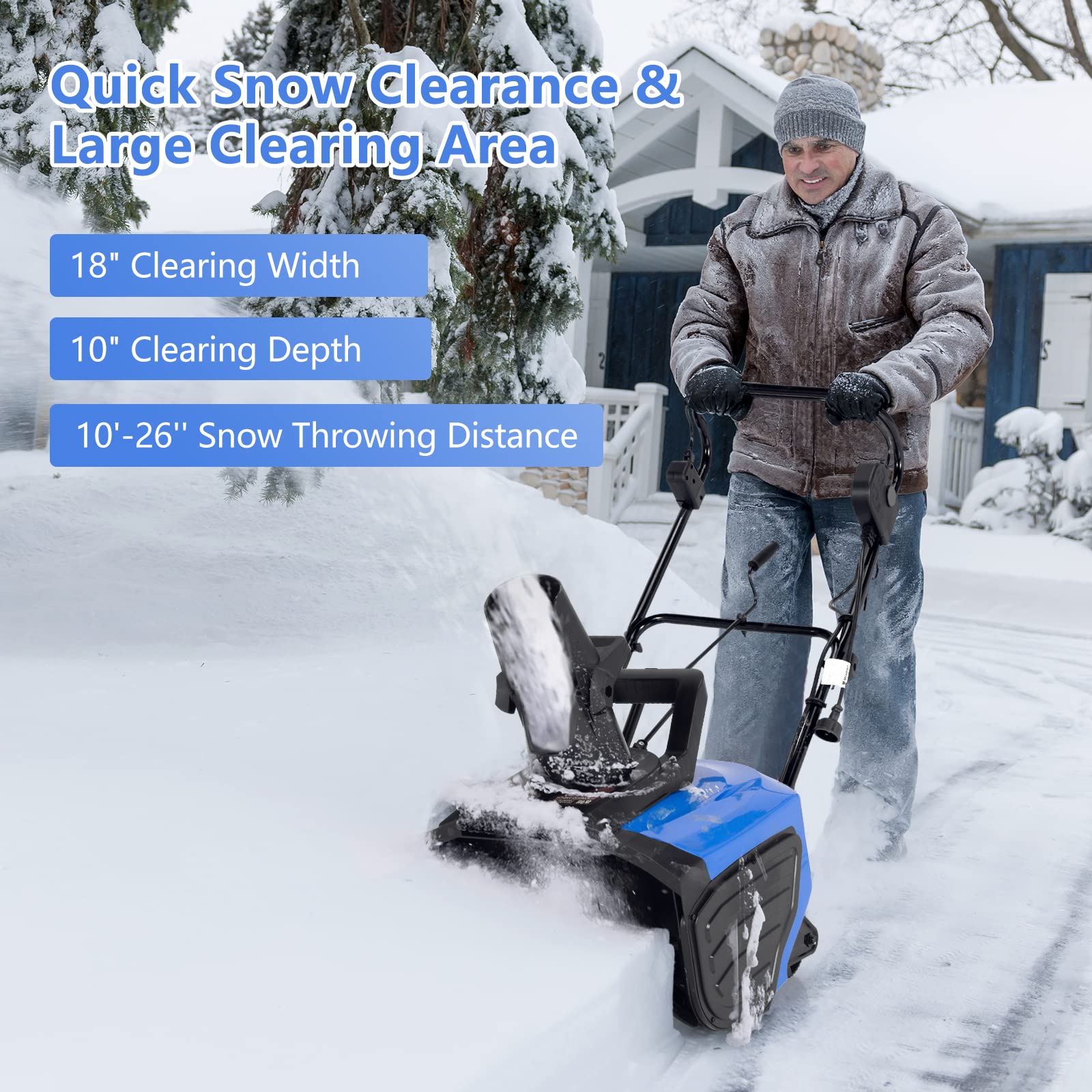 S AFSTAR Snow Blower, Electric Snow Thrower with 180° Chute Rotation & 2 Transport Wheels, 10” Clearing Depth & 18” Width, Power Snow Blower w/30 Feet Throwing Distance, 720Lbs /Minute (Blue)