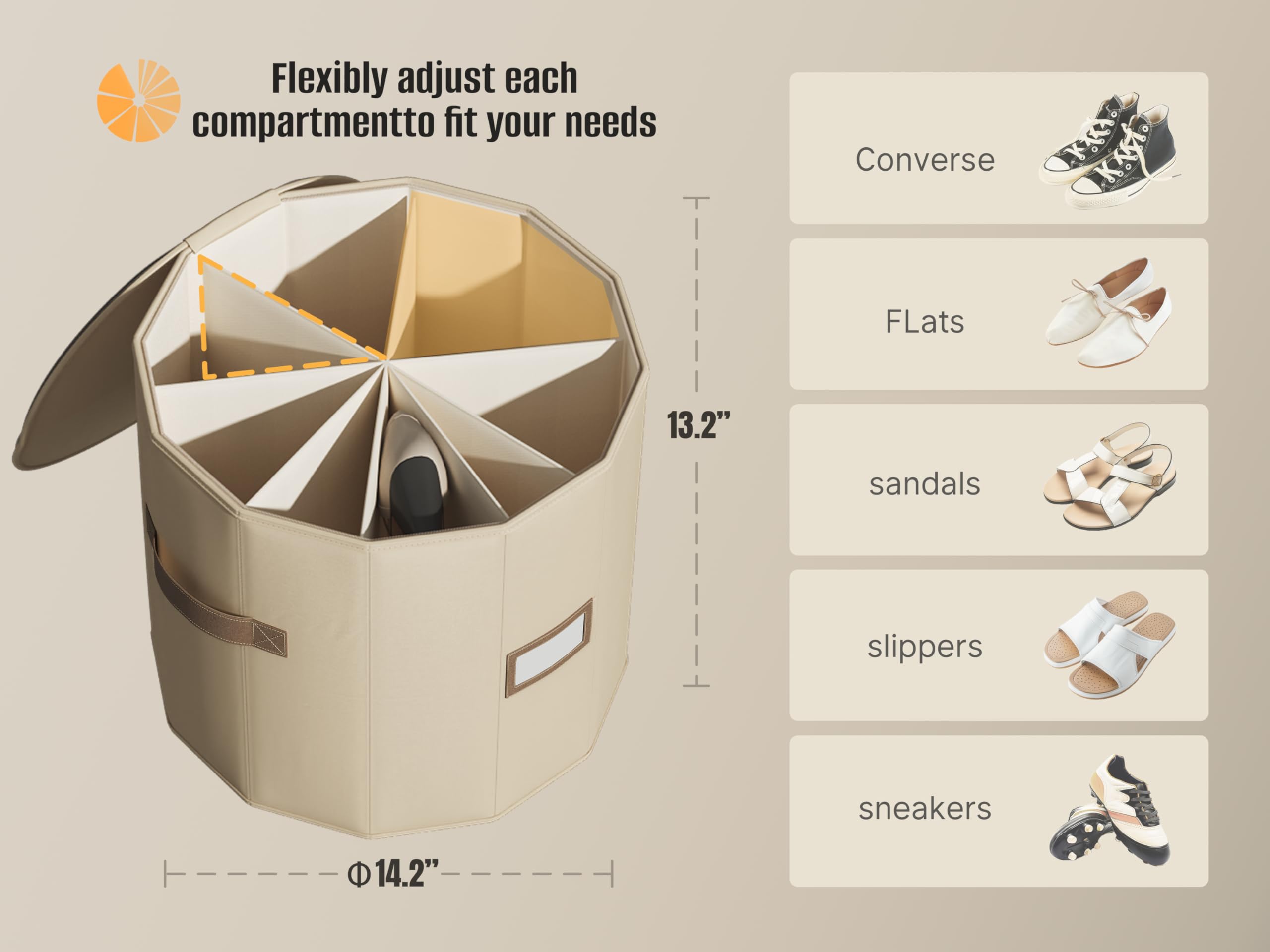 Vailando Shoe Organizer for Closet - Cylindrical Shoe Storage Organizer with Adjustable Dividers for Closet, Foldable, Beige, 1-Pack