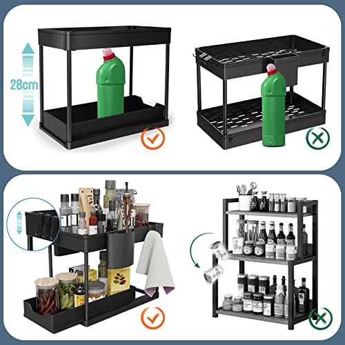 OZD Under Sink Organizer, 2 Tier Bathroom Organizer Under Sink with Sliding Drawer, Under Cabinet Organizer Baskets with Hooks, Hanging Cups, Dividers, Storage Shelf for Bathroom Kitchen