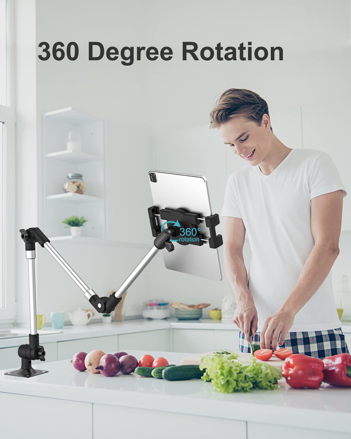 Tablet Wall Mount for iPad, 35in Adjustable Arm Drill Base Tablet Mount for Kitchen Cabinet Desk, Camera Holder Webcam Stand for iPad Pro 12.9 Air Mini, Galaxy Tabs, Switch,iPhone,4-13" Tablets