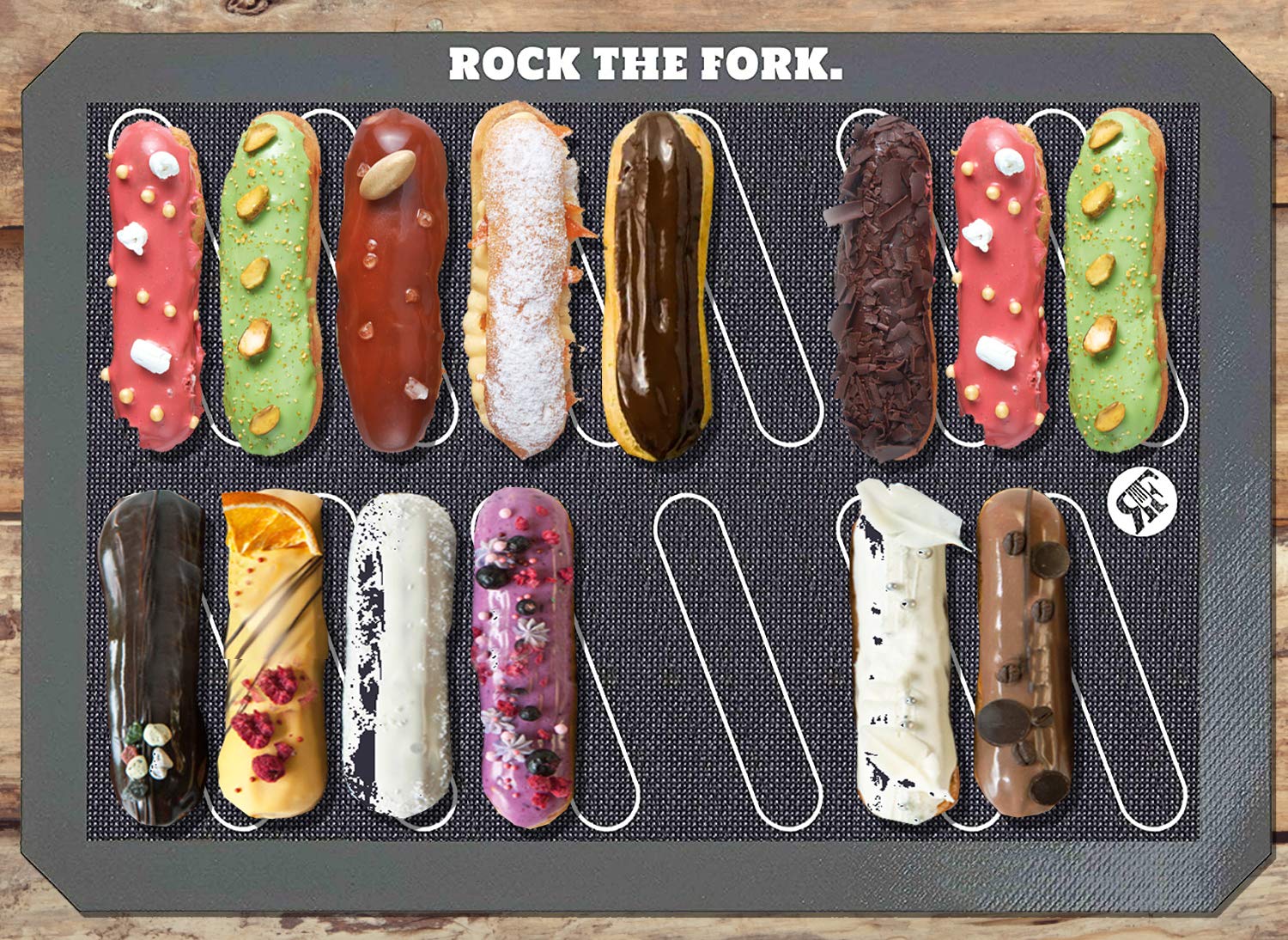 Rock the Fork - Baking Mats - Eclair Template (4-pack) Non-Stick Silicone. These Eclair Mats are Designed for Style & Function. 11 5/8" x 16 1/2" Size.