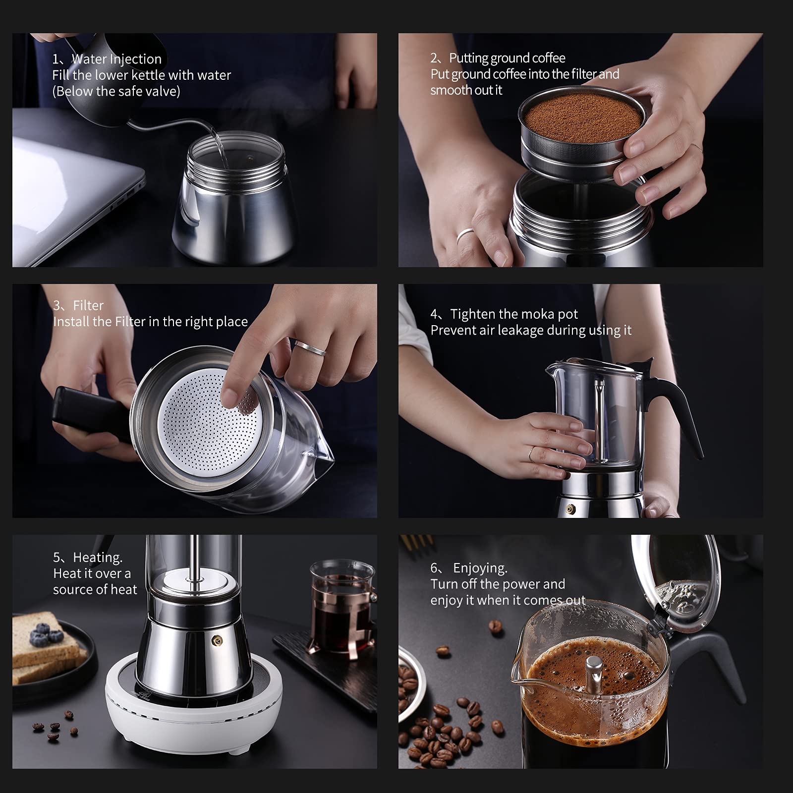 Rumia Stainless Steel &Glass Stovetop Moka Pot,Classic Italian Style Espresso Cup Moka Pot,Easy to Operate & Quick Cleanup Moka Pot (6 Cup)