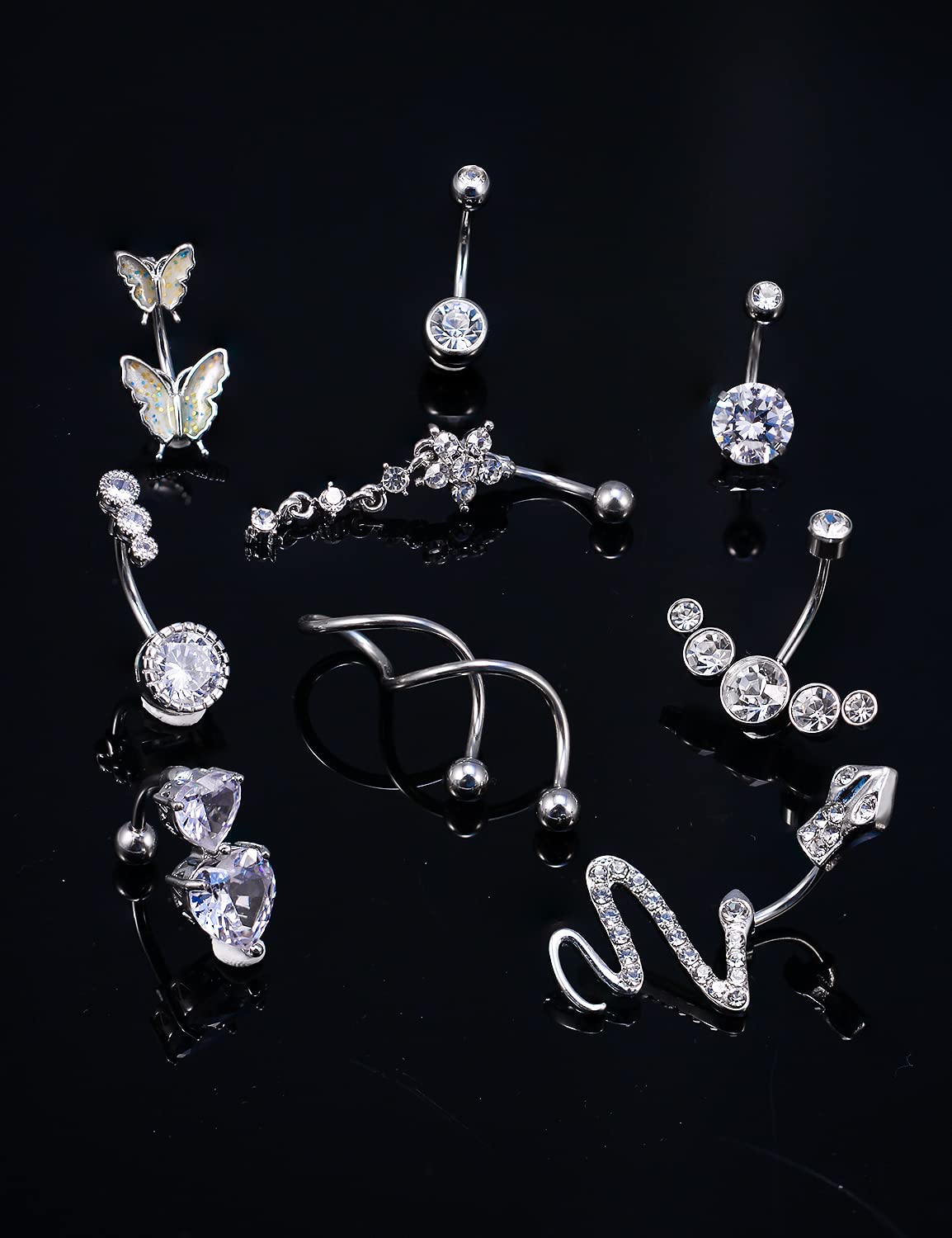 Rksndnn 14G Belly Button Rings Dangle for Women Stainless Steel Piercing Jewelry Snake Reverse Spiral With Clear Cz Navel Ring Body Silver (DNN-001)