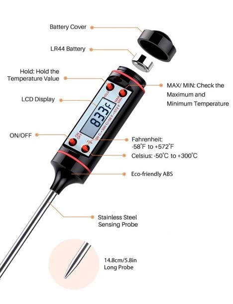 Sepa Sport Large Meat, Food & Liquid Thermometer,Fast Precise Digital Screen with 5.7 Inches Stainless Steel Probe Perfect for Any Cooking, Deep Fry, BBQ Grilling, Turkey Roasting Or Meat. (TP101)