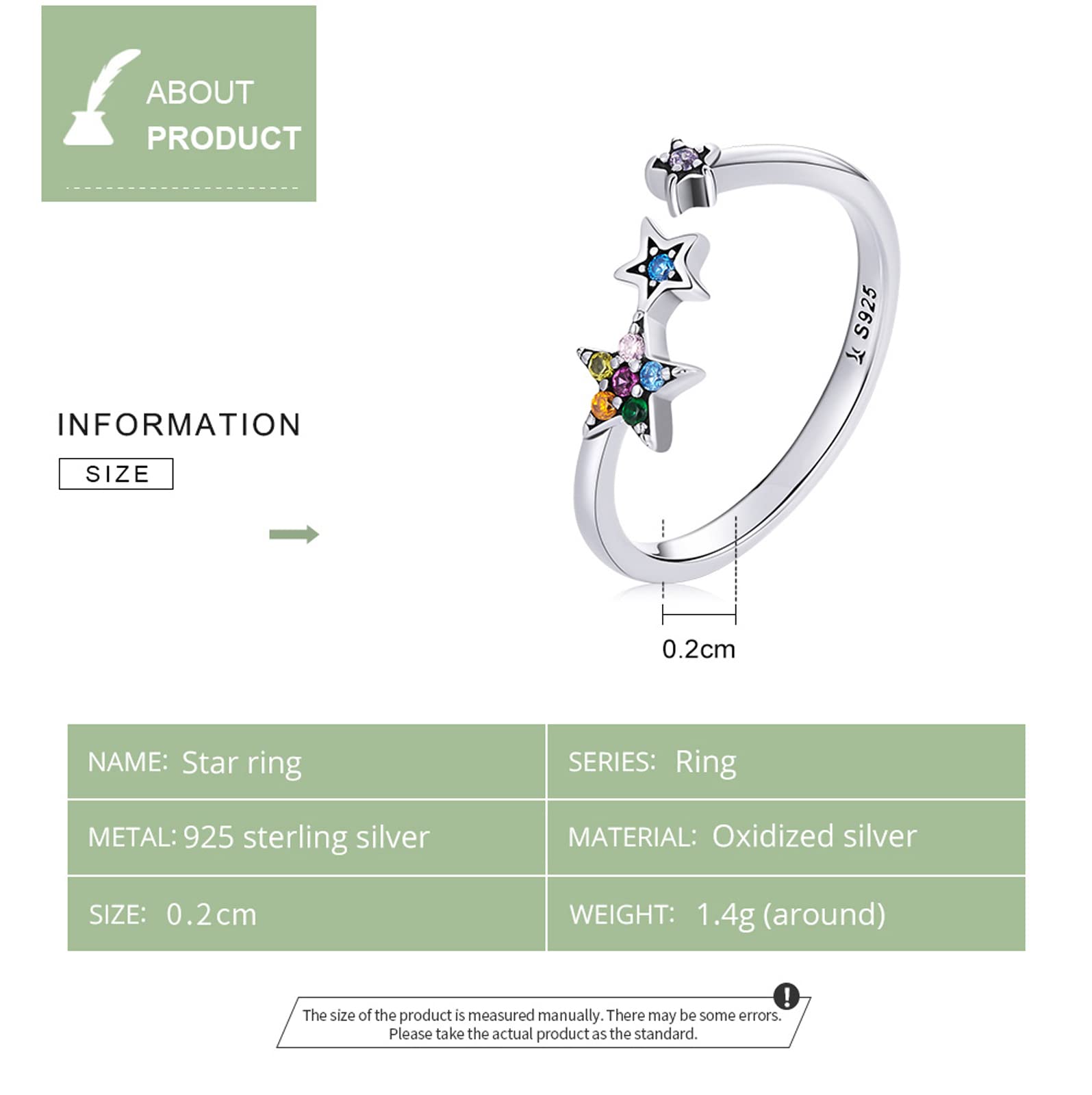 Qings Stars Ring 925 Sterling Silver Adjustable Rings for Women Colorful Zircon Open Ring Stackable Engagement Ring Gift for Women