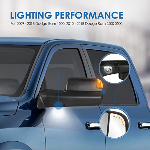 MOSTPLUS Power Heated Mirror Compatible for 2009-2018 Ram 1500 2500 3500/2019-2023 Ram 1500 Classic w/Turn Light, Arrow Light, Puddle Lights (Temp Sensor Included) (Black)