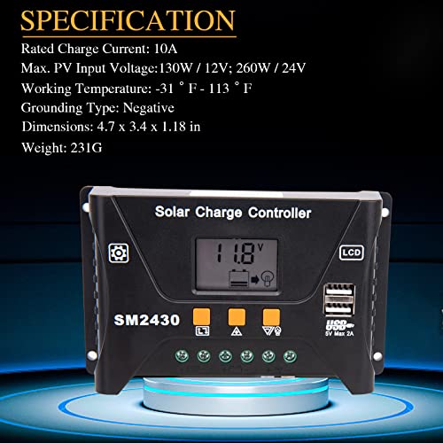 PWM Solar Charge Controller 12V 10A Waterproof, PWM Negative Ground Solar Charge Controller 12V/24V with LCD Display for AGM, Gel, Flooded and Lithium Battery