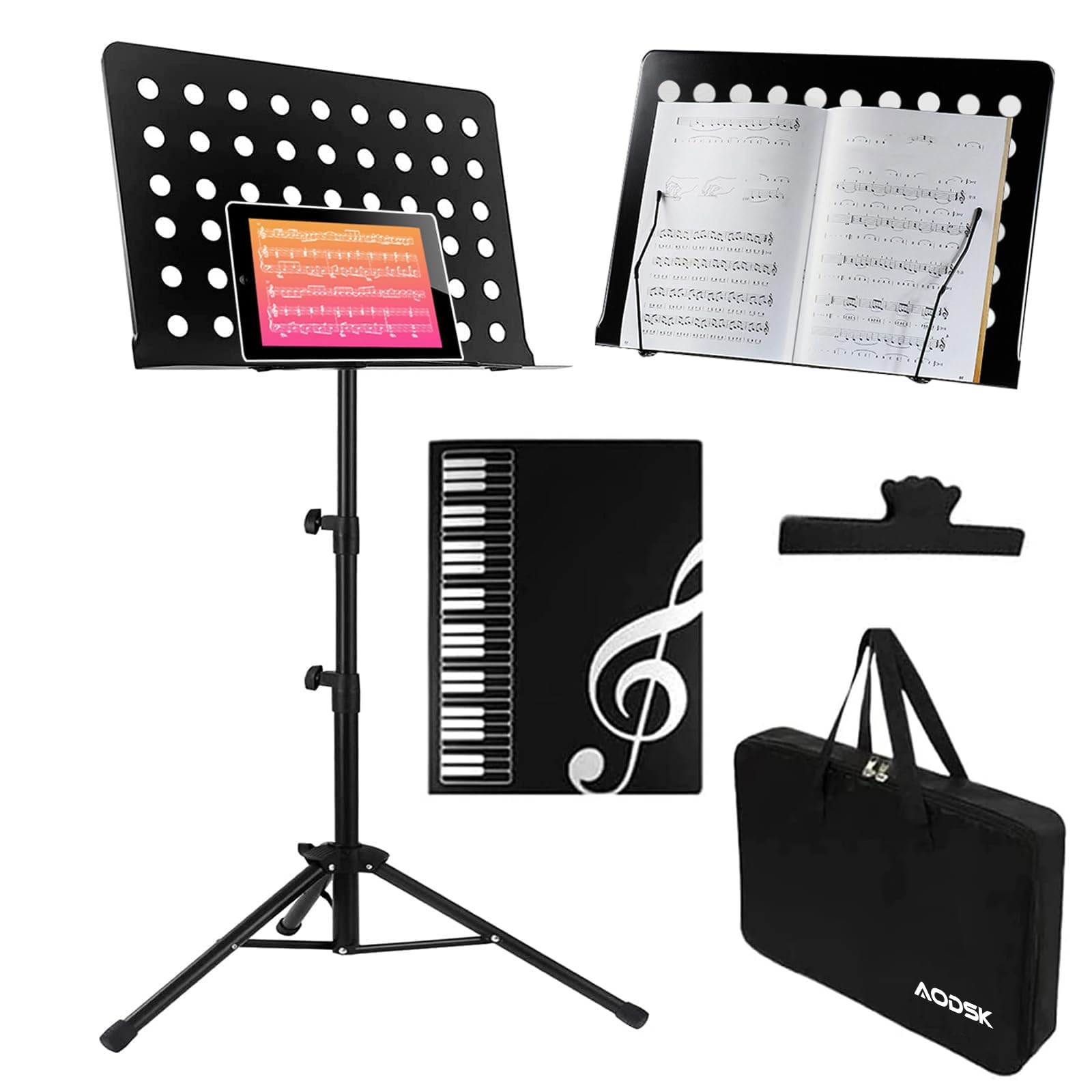 Music Stand, Metal Professional Portable Perforated Sheet Music Stand, Adjustable Music Stand, Equipped with a Carrying Bag, Clip Holder, Music Folder, 2 in 1 Music Bookshelf