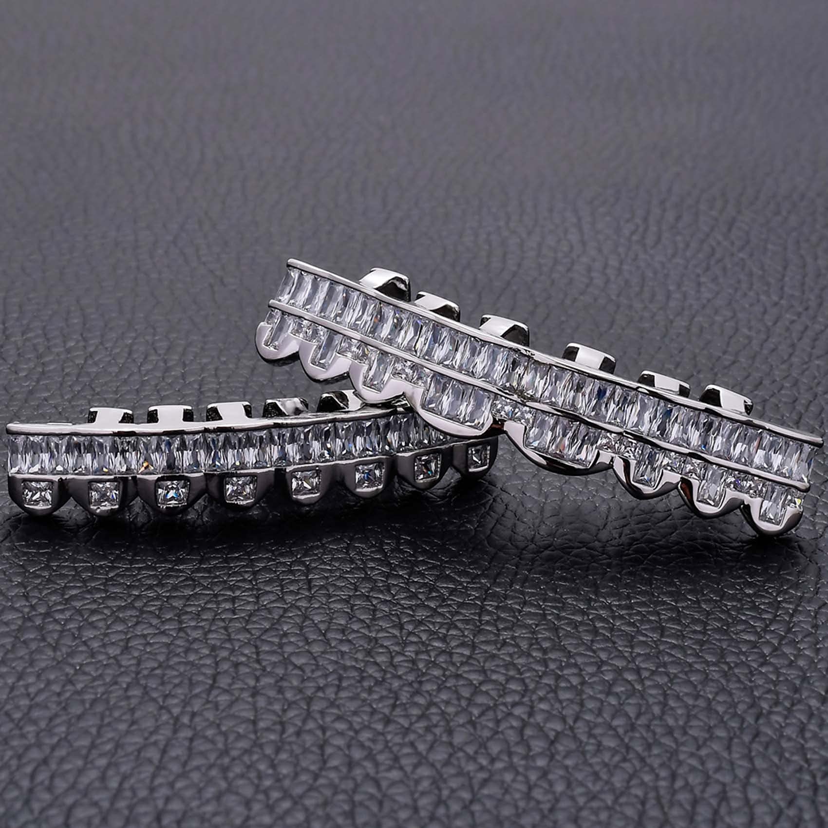 LKV Silver Teeth Grillz for Men and Women, Hip Hop Iced Out Diamond Mouth Grills for Your Teeth Top & Bottom, Rapper Costume Teeth Grillz with Extra Molding Bars